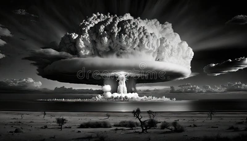 Nuclear Explosion in Black and White. Nuke Bomb Mushroom Radioactive ...