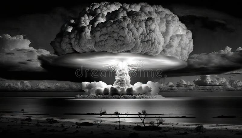 Nuclear Explosion in Black and White. Nuke Bomb Mushroom Radioactive ...