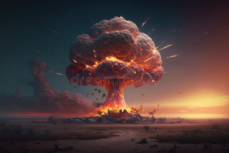 Nuclear Explosion in a City. Buildings Collapsing from the Blast. Stock ...