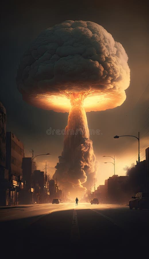 Nuclear Explosion in City. Nuke Bomb Mushroom Radioactive Cloud Stock ...