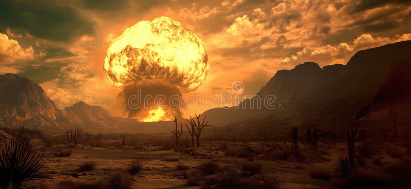 Nuclear Explosion in Desert Landscape at Sunset with Dramatic Clouds ...