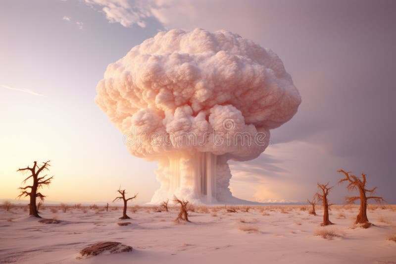 A Nuclear Explosion in the Desert at Sunset, Creating a Large Mushroom ...