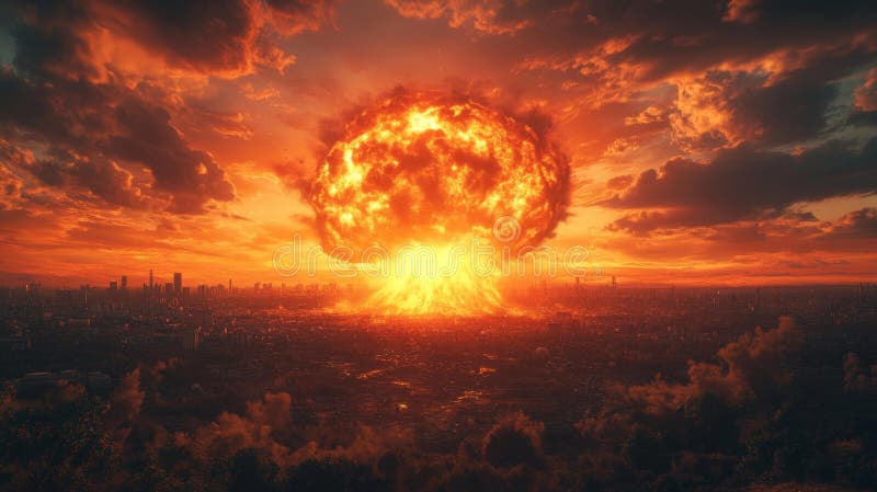 Fiery Nuclear Explosion Mushroom Cloud with Intense Reflection Stock ...