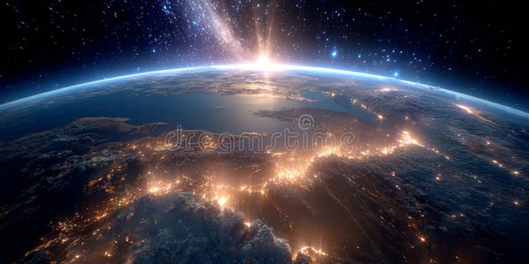 Nuclear Explosion Lighting Planet Earth from Space Stock Illustration ...