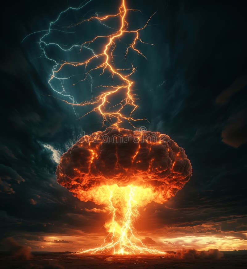 Nuclear Explosion with Lightning Strikes Illuminating Dark Stormy Sky ...