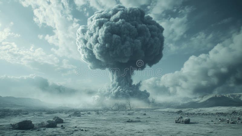Nuclear Explosion Mushroom Cloud in Desolate Landscape, Dramatic ...