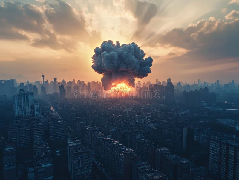 Nuclear Explosion Mushroom Cloud Over City Skyline, Depicting ...