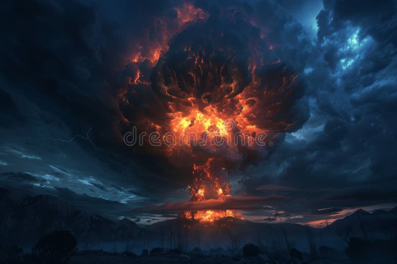 Nuclear Explosion at Night among Clouds Stock Image - Image of ...