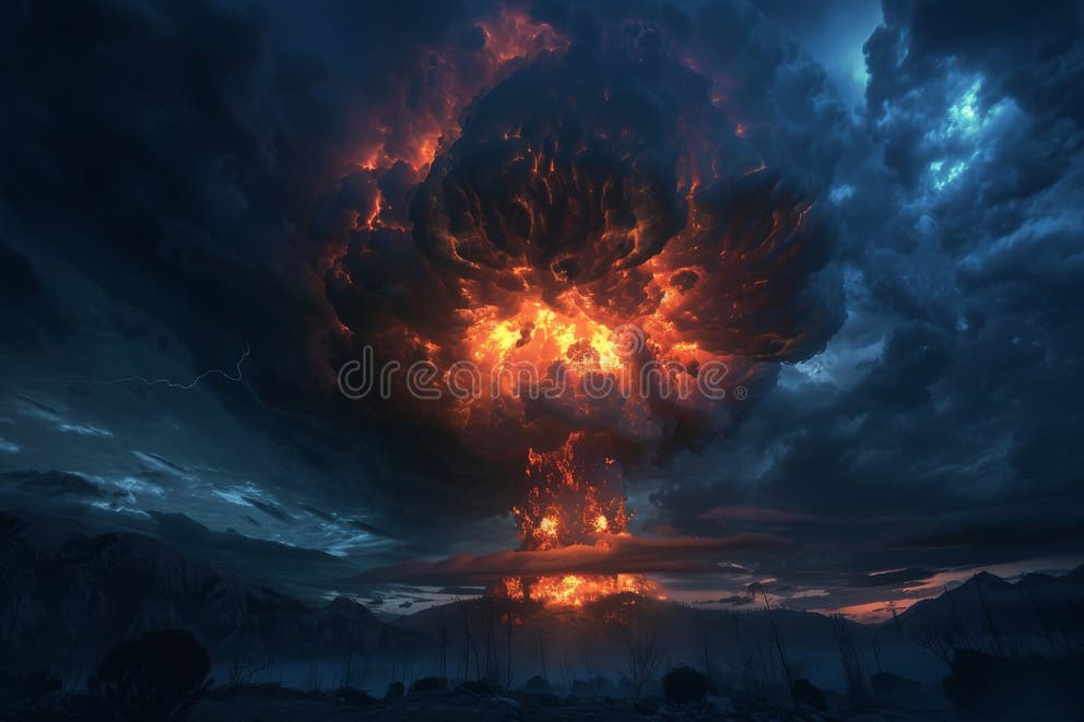 Nuclear Explosion at Night among Clouds Stock Image - Image of ...