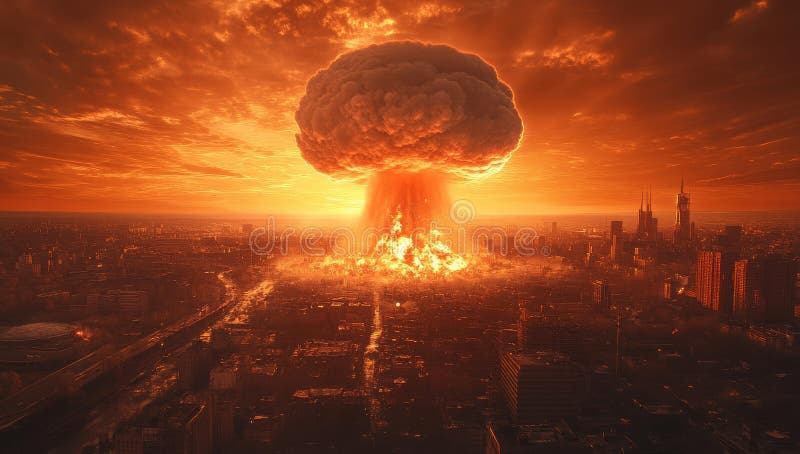 Nuclear Explosion Over City Skyline at Sunset with Dramatic Clouds and ...
