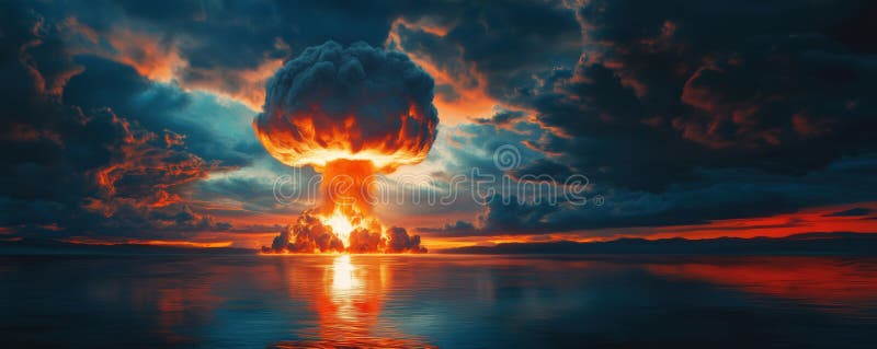 Nuclear Explosion Over Ocean at Sunset with Dramatic Clouds and Fiery ...