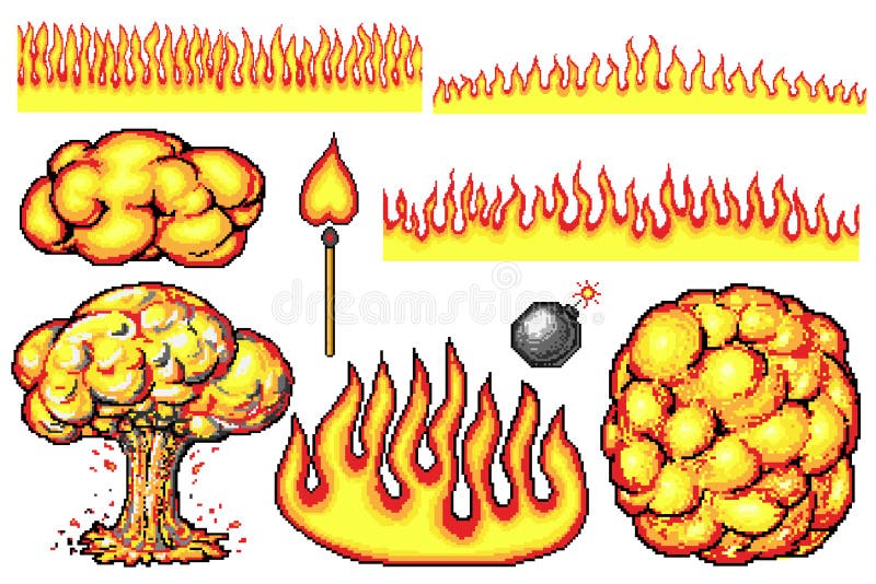 Nuclear Explosion. Pixel Art 8 Bit Fire Objects. Mushroom Cloud. Game ...
