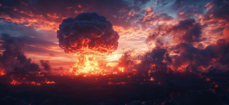 Nuclear Explosion at Sunset Creating Dramatic Fiery Mushroom Cloud and ...