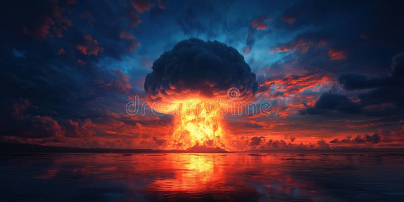 Nuclear Explosion at Sunset Over Calm Waters with Dramatic Clouds and ...