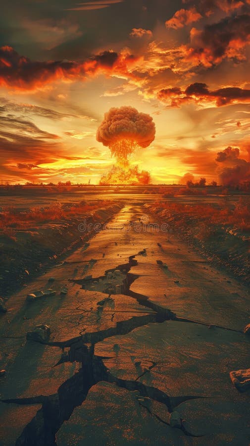 Nuclear Explosion at Sunset Over Cracked Earth, Apocalyptic Scene Stock ...