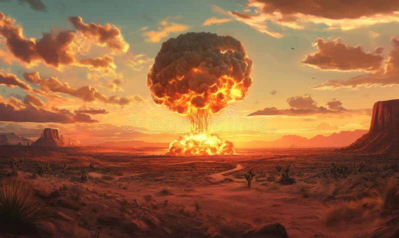 Nuclear Explosion at Sunset Over Desert Landscape with Dramatic Clouds ...