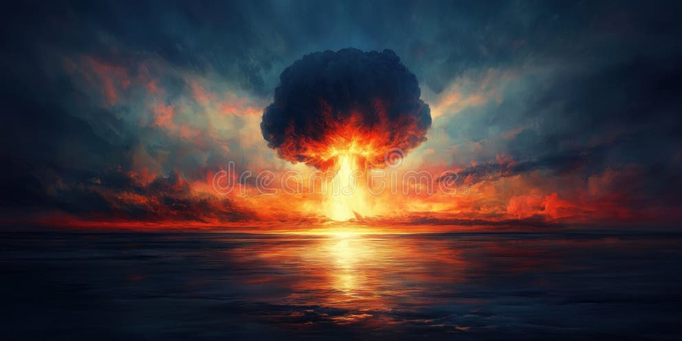Nuclear Explosion at Sunset Over Ocean with Dramatic Clouds and Fiery Sky Stock Photo - Image of ...
