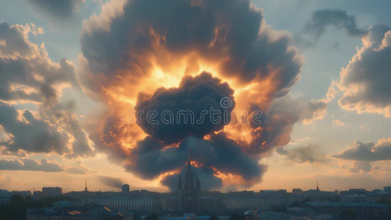 Nuclear Explosion Towering Above City Skyline with Dramatic Cloud ...