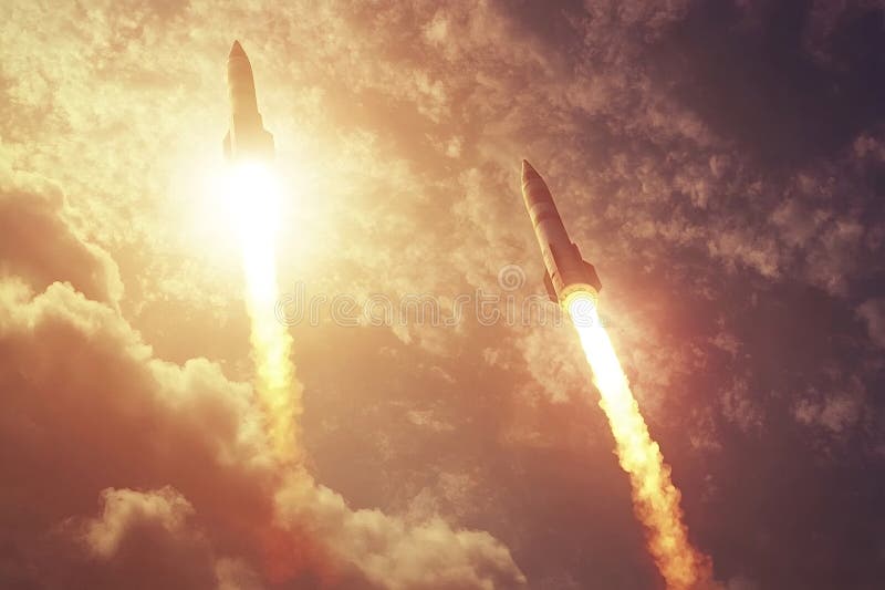 Nuclear Missiles Launching into Cloudy Sky at Sunset Stock Photo ...