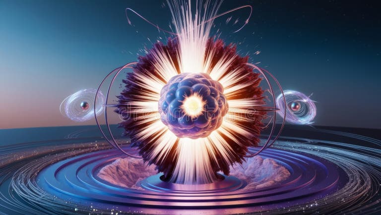 Nuclear Physics Science Concept, CG Model of Nucleus Atom Explosion with X-Ray Radiation Stock ...