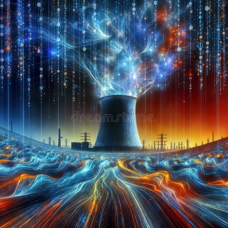 Nuclear Plant with Colorful Light Trails and Binary Code in the ...