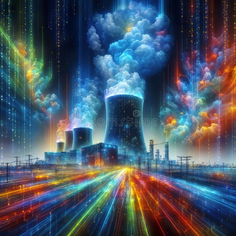 Nuclear Plant with Colorful Light Trails, Smoke, and Binary Code in the ...