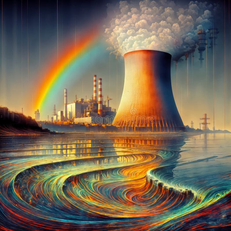 Nuclear Plant with a Rainbow Over a Reflective Water Surface ...