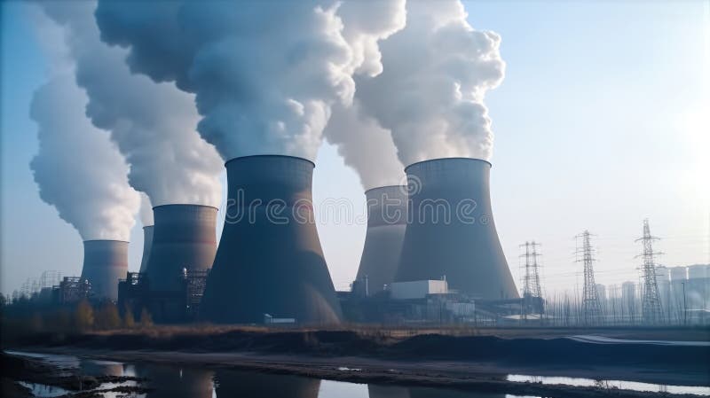 Nuclear Power Plant with Big Chimneys, Power Generation in Progress ...