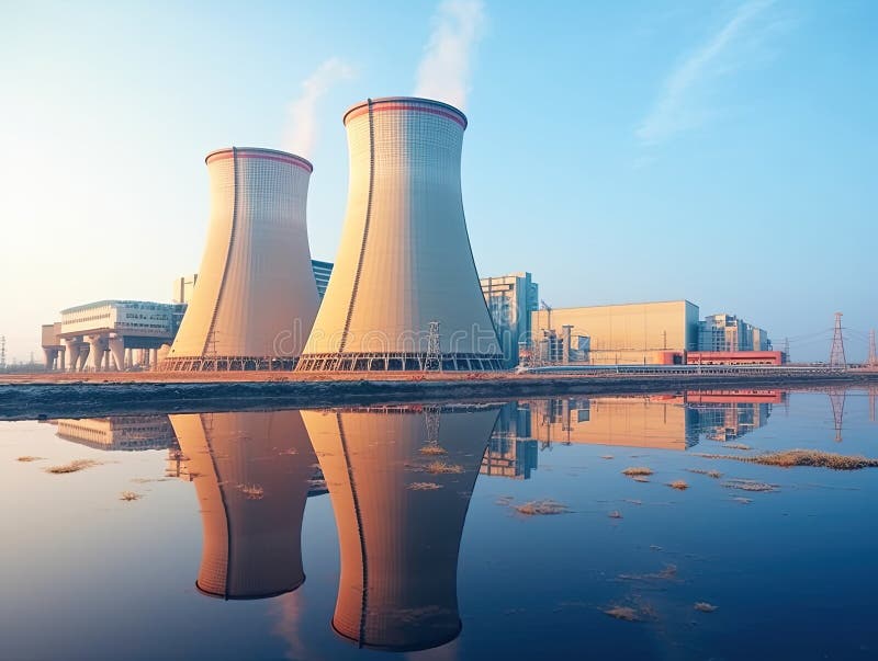 Nuclear Power Plant Cooling Tower with Reflection at Sunset Stock ...