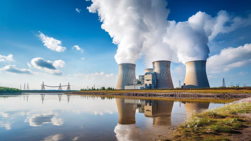 Nuclear Power Plant with Cooling Towers Emitting Steam Stock ...