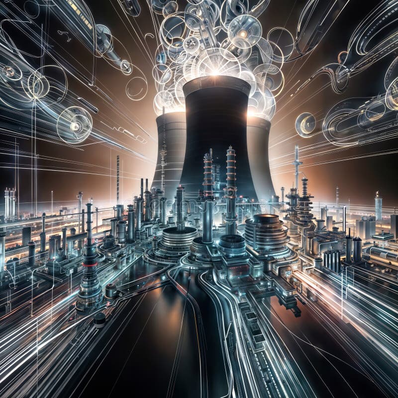 Nuclear Power Plant. 3D Rendering with Toned Image Double Exposure ...