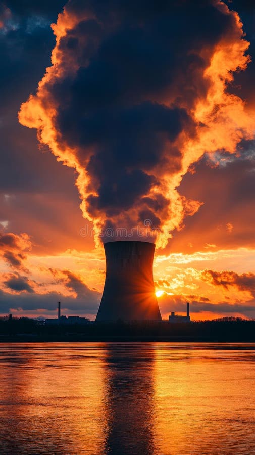 Nuclear Power Plant with Dramatic Sunset and Steam, Energy Production ...