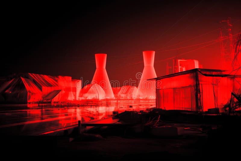 Nuclear Power Plant in the Evening with Red Light. 3D Rendering Stock ...