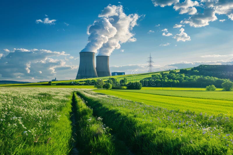 Nuclear Power Plant and Landscape with Green Fields and Blue Sky ...