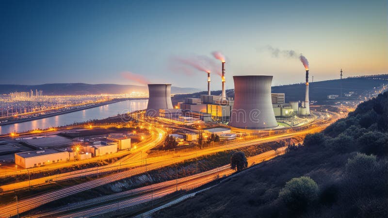 Nuclear Power Plant at Night with City Lights Stock Illustration ...