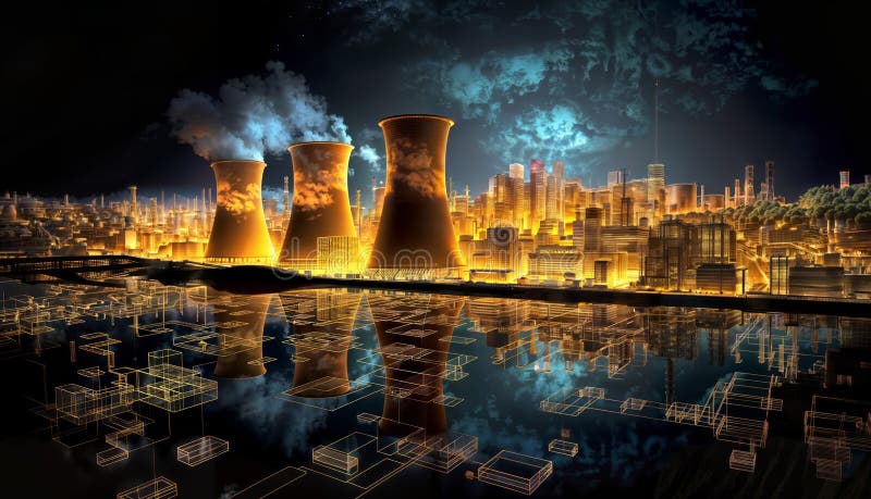 Nuclear Power Plant in the Night. 3d Render. Global Warming Concept ...