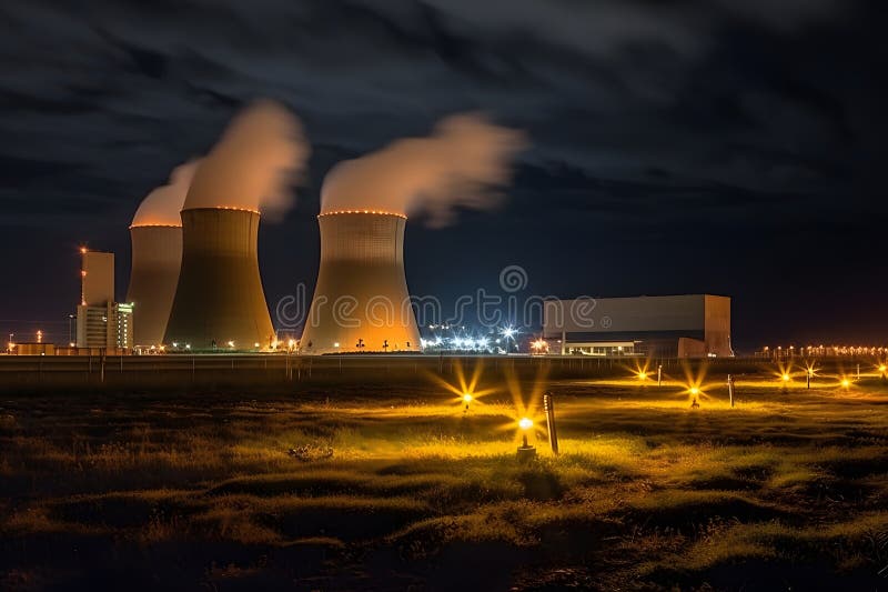 Nuclear Power Plant at Night. Generative AI Stock Illustration ...