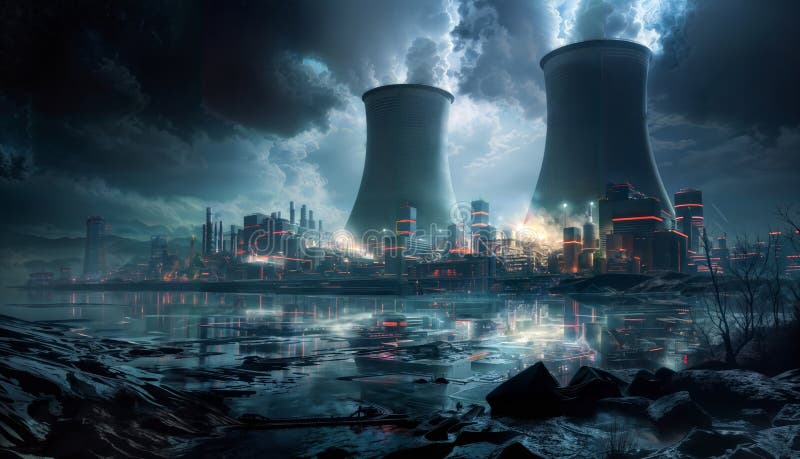 Nuclear Power Plant at Night with Reflection in Water. 3d Rendering ...