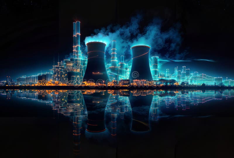 Nuclear Power Plant with Reflection in Water, 3d Illustration ...