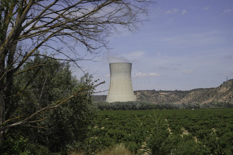 Nuclear Power Plant on the Rio Ebro in Spain with a Cooling Tower in a ...