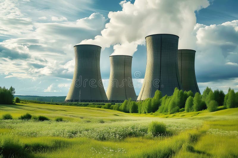 Nuclear Power Plant and Scenic Landscape with Fields and Blue Sky Stock ...
