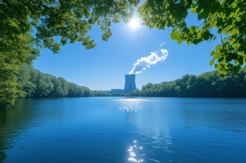 Nuclear Power Plant on the Shore of the Lake in the Forest Stock ...
