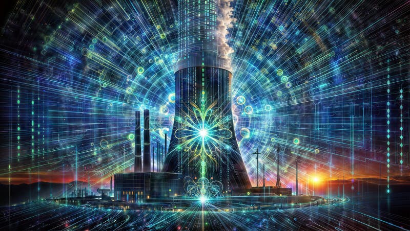 Nuclear Power Glow: Binary Numbers Amidst Luminous Green and Blue ...