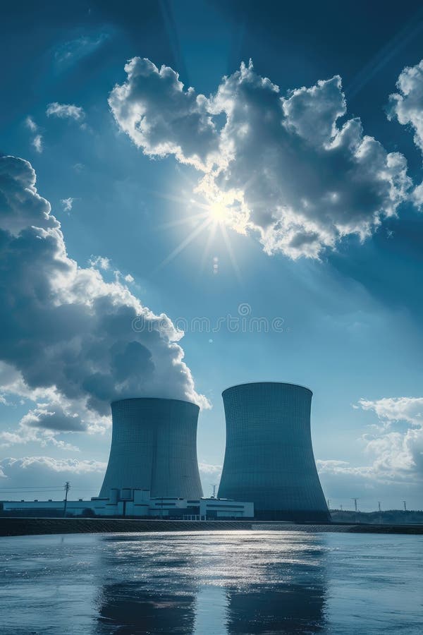 Nuclear Power Plant Silhouette with Sun Shining through Clouds. Stock ...