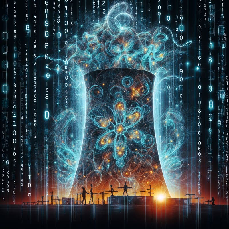 Nuclear Power Plant with People Silhouettes Against Digital Binary Code ...