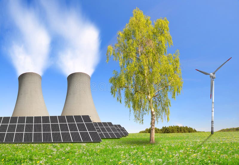 Nuclear Power Plant Solar Panel and Wind Turbines. Stock Image - Image ...