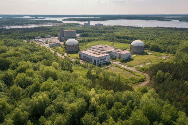 Nuclear Power Plant, with Storage Tanks and Pipes Visible, Surrounded ...
