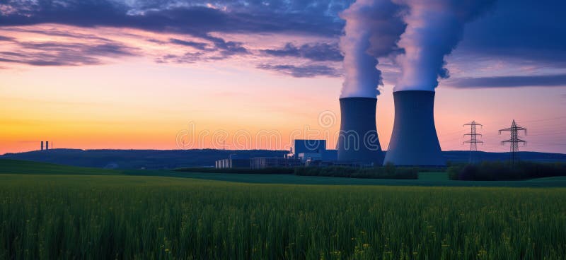 Nuclear Power Plant at Sunset with Cooling Towers and Power Lines ...