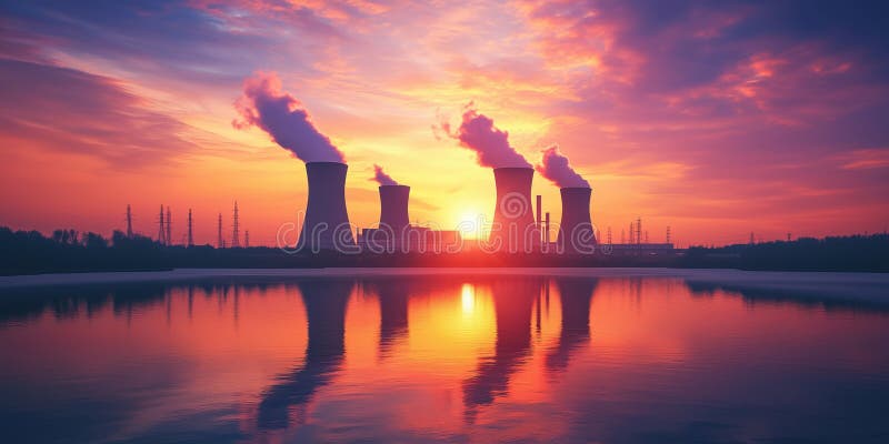 Nuclear Power Plant at Sunset Reflecting on Water with Dramatic Clouds ...