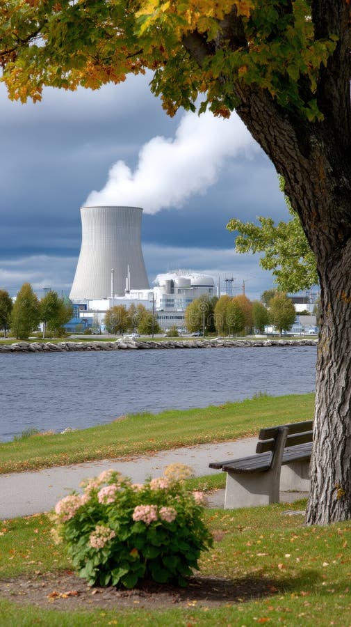 Nuclear Power Plant View from Park Bench by River on Autumn Day with ...